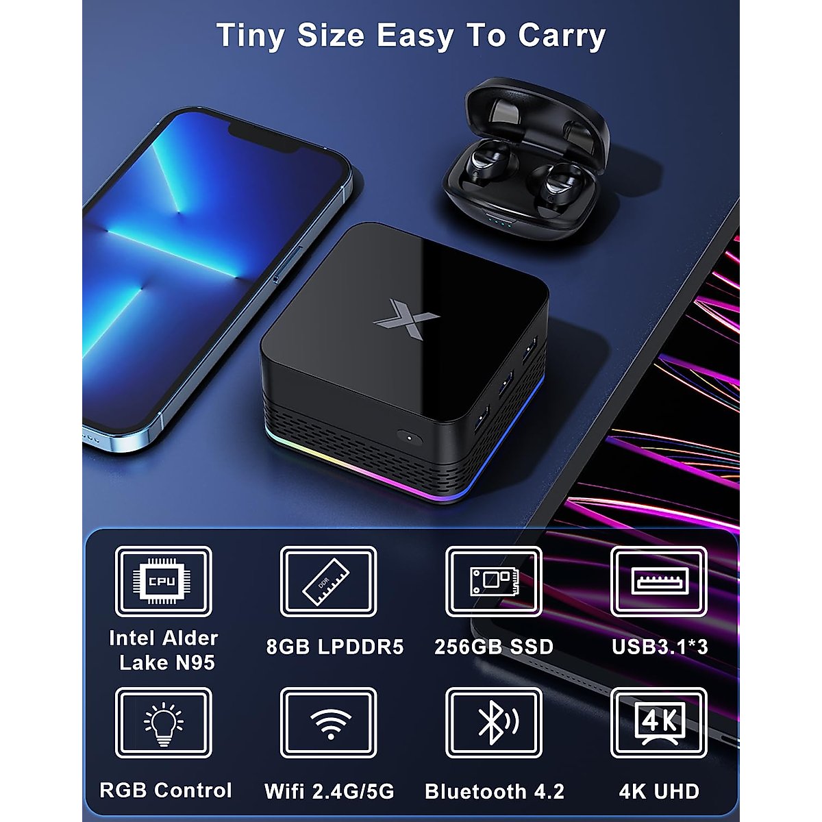 Mini PC with 11th Gen 4 Core Intel Celeron N5105 (up to 2.90GHz), 8GB DDR4 256GB SSD Micro Desktop Computer, 2.4G/5G Dual WiFi Bluetooth4.2 Dual Ethernet Ports