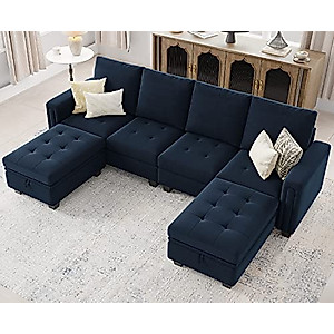 Belffin Velvet U Shaped Sectional Sofa Couch with Storage Ottoman Convertibel Sectional Sofa with Reversible Chaises Blue