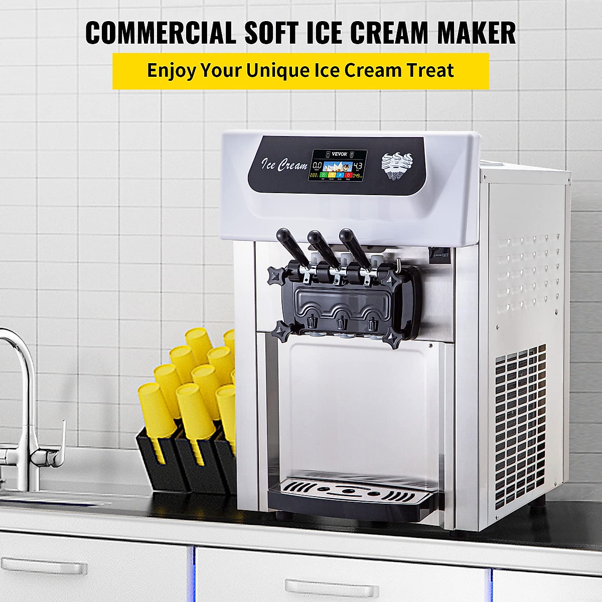 VEVOR Commercial Soft Ice Cream Machine, 3 Flavors Ice Cream Machine w/Pre-Cooling, 5.3-7.4 Gal/H Gelato Machine Commercial, 2200W Countertop Commercial Yogurt Maker Machine, w/LCD Intelligent Panel