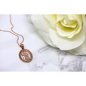 CaliRoseJewelry 14k Saint Christopher Pray for Us Oval Charm Pendant Necklace in Rose Gold, 18"