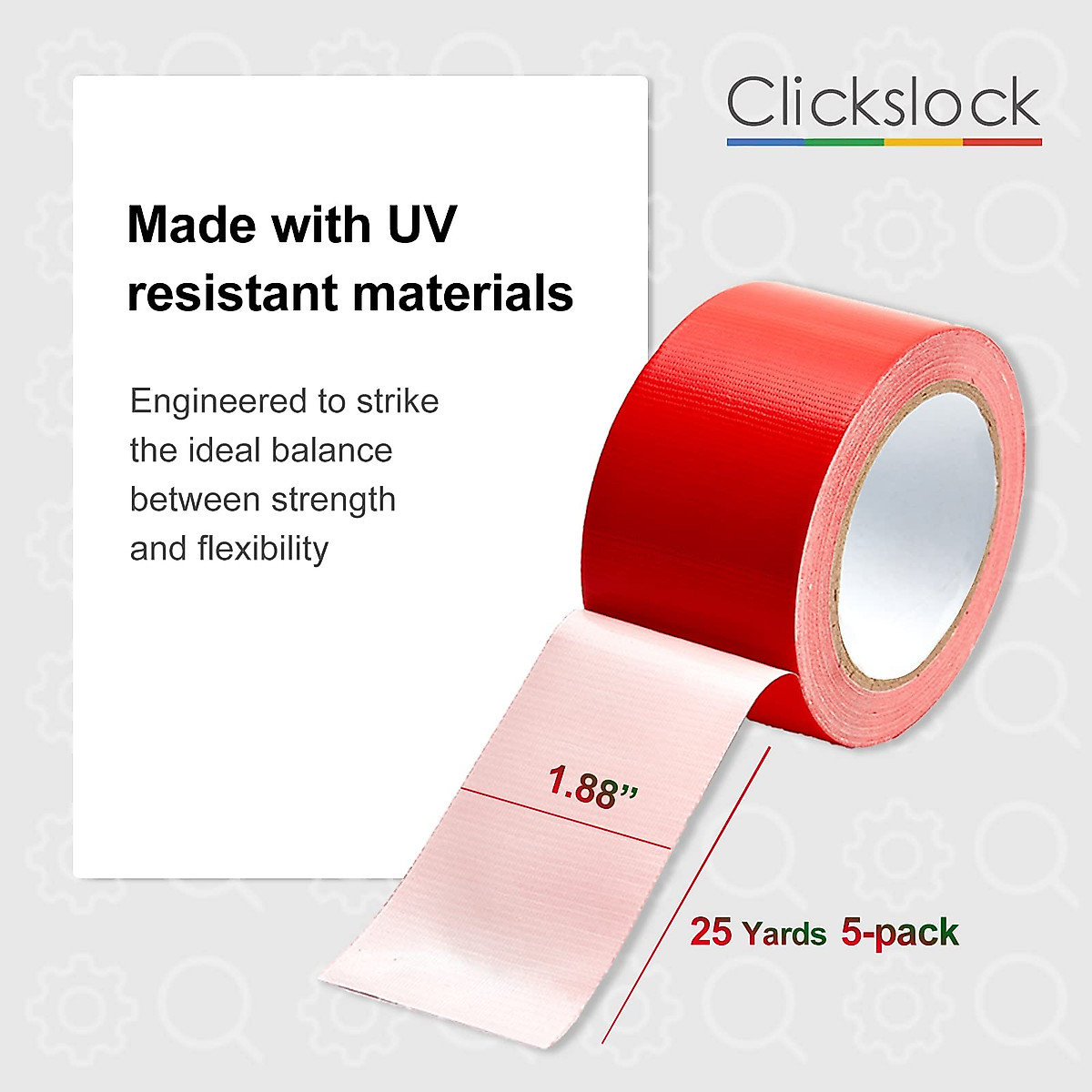 Clickslock 5 Pack Heavy Duty Duct Tape, 1.88 inch x 25 Yards Red Duct Tape, Flexible, No Residue and Waterproof, All-Weather and Tear by Hand