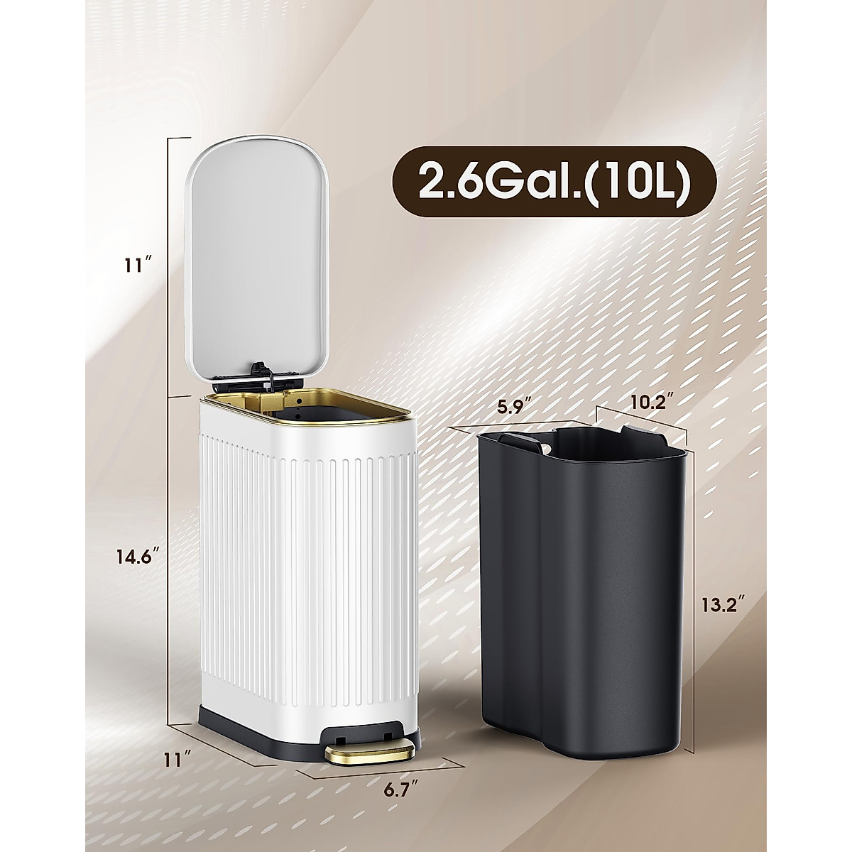 CEROELDA White Bathroom Trash Can with Lid-10L/2.6 Gallon Stainless Steel Step Slim Garbage Can-Rectangle Pedal Trash Bin for Narrow Office, Kitchen, Bedroom, Toilet-Soft Close (B-White/2.6 Gallon)