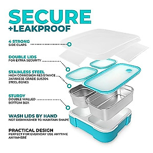 Stainless Steel Lunch Box for Kids Toddler Bento-Box Lunch-Box for Daycare, 3 Compartment Portion Control Containers with Tray for Lunches Snacks - School Travel, 24 oz Teal Blue with Bag Utensil