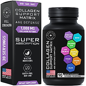 Age Defense Beauty Collagen Matrix - 2,000mg Multi Collagen Biotin Keratin Hyaluronic Acid Saw Palmetto Vitamin C Supplement Complex - DHT Blocker for Men & Women for Hair Growth - 90 Gluten-Free Caps