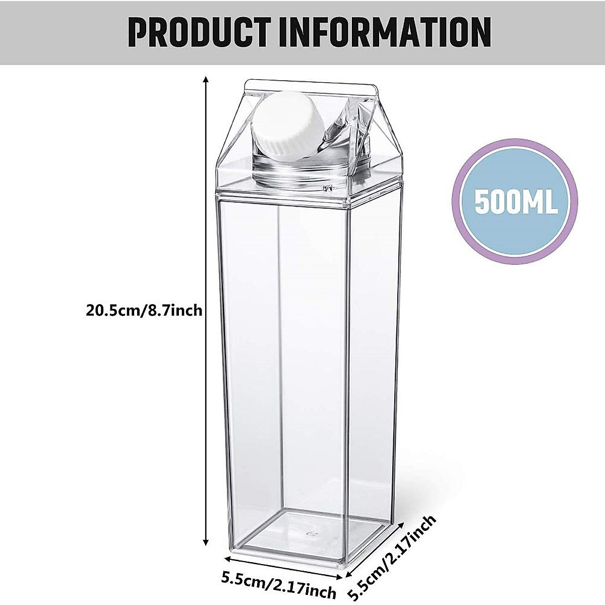 Milk Carton Water Bottle 17oz (500mL) Plastic Clear Square Milk Bottles No BPA Leakproof Water Bottle Portable Reusable Milk Carton Shaped Juice Bottle Perfect for Fitness Gym Camping Sports