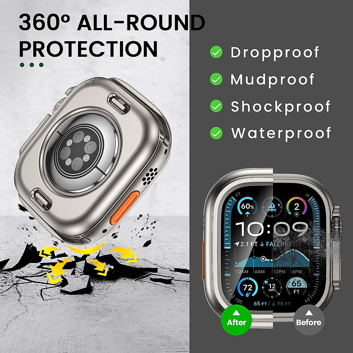 [2 in 1] Goton Waterproof Case for Apple Watch Series 10 9 8 7 SE2 SE 6 5 4 Ultra 2 Ultra 46mm 42mm 45mm 44mm 41mm 40mm 49mm, 360° Hard PC Bumper with Screen Protector for iWatch Cover Accessories