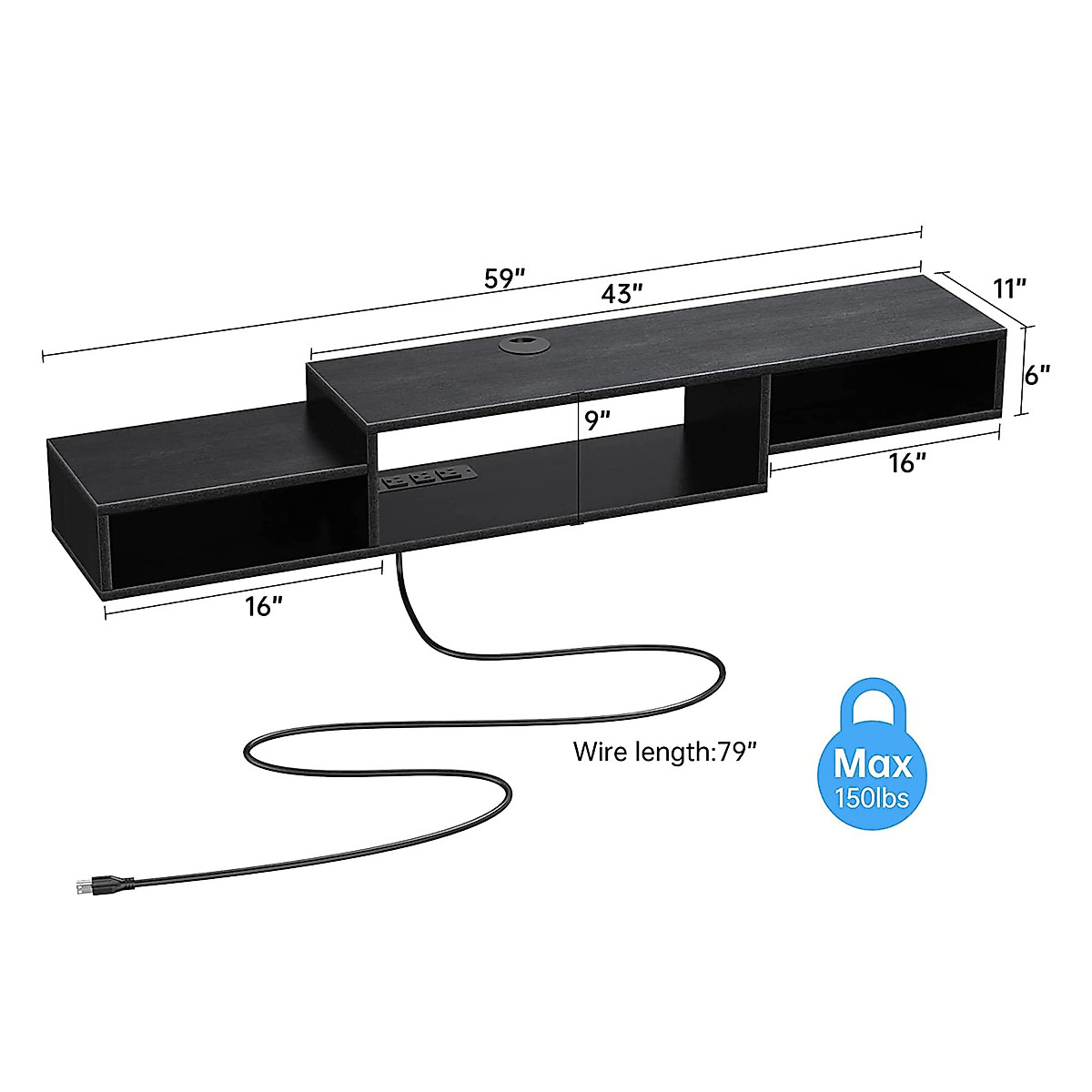 FABATO 59" Floating TV Stand with Power Outlet Wall Mounted Media Console Cabinet Shelf Under TV for Cable Box Audio Video Black