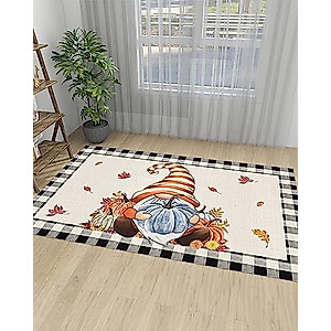 Thanksgiving Plaid Area Rug 2'7"x5',Outdoor Indoor Small Carpet Runner for Girls Boys Bedroom,Living Room,Bathroom,Classroom,Office,Kitchen,Washable Area+Rug Buffalo Check Gnome Pumpkins Black Beige