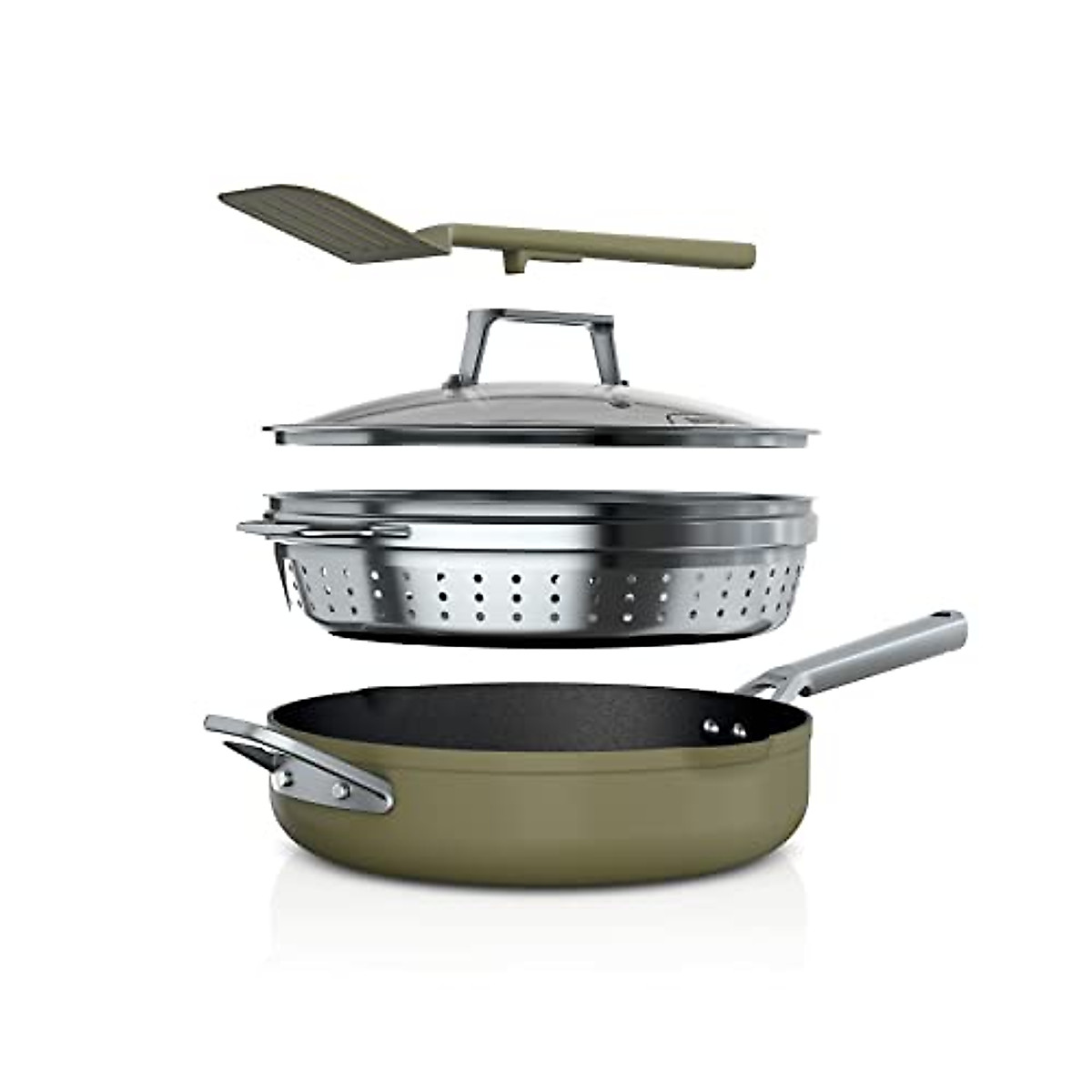 Ninja CW102GN Foodi NeverStick PossiblePan, Premium Set with 4-Quart Capacity Pan, Steamer/Strainer Basket, Glass Lid & Integrated Spatula, Nonstick, Durable & Oven Safe to 500°F, Olive Green
