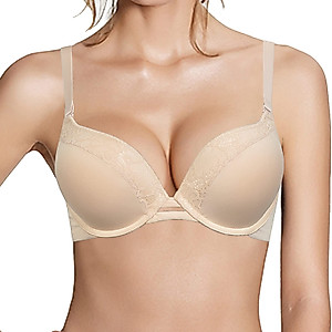 Pushlus Push Up Thick Padded Plunge Underwire T Shirt Lace Bra Lift Support for Women Add One Cup 36B Nude