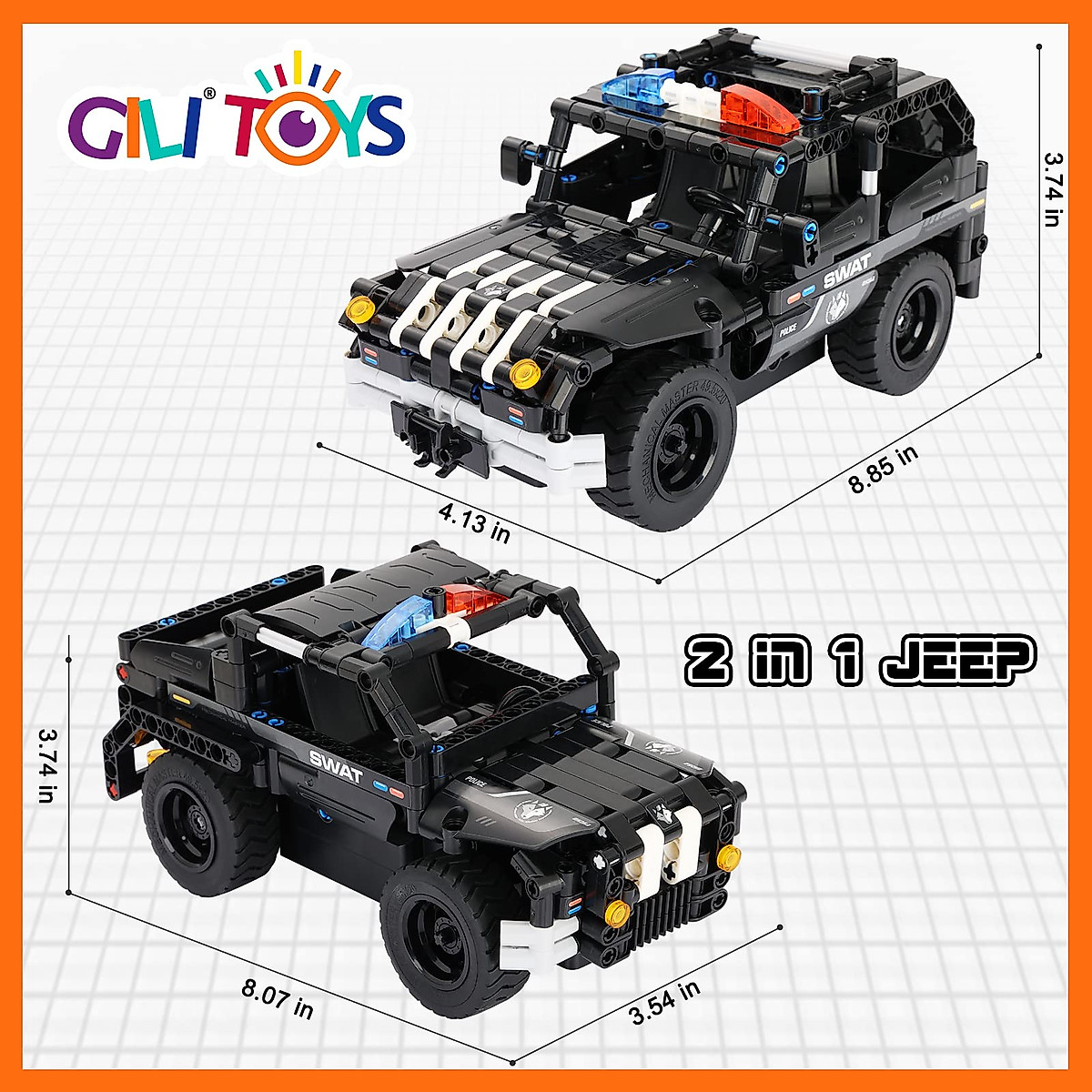 GILI 2 in 1 Remote Control Building Car Kit(355pcs), Black Police Car Stem Model Projects Toy for Kids Ages 8-12, Best Christmas Birthday Gifts for 6, 7, 9, 10, 11 Year Old Boys Girls