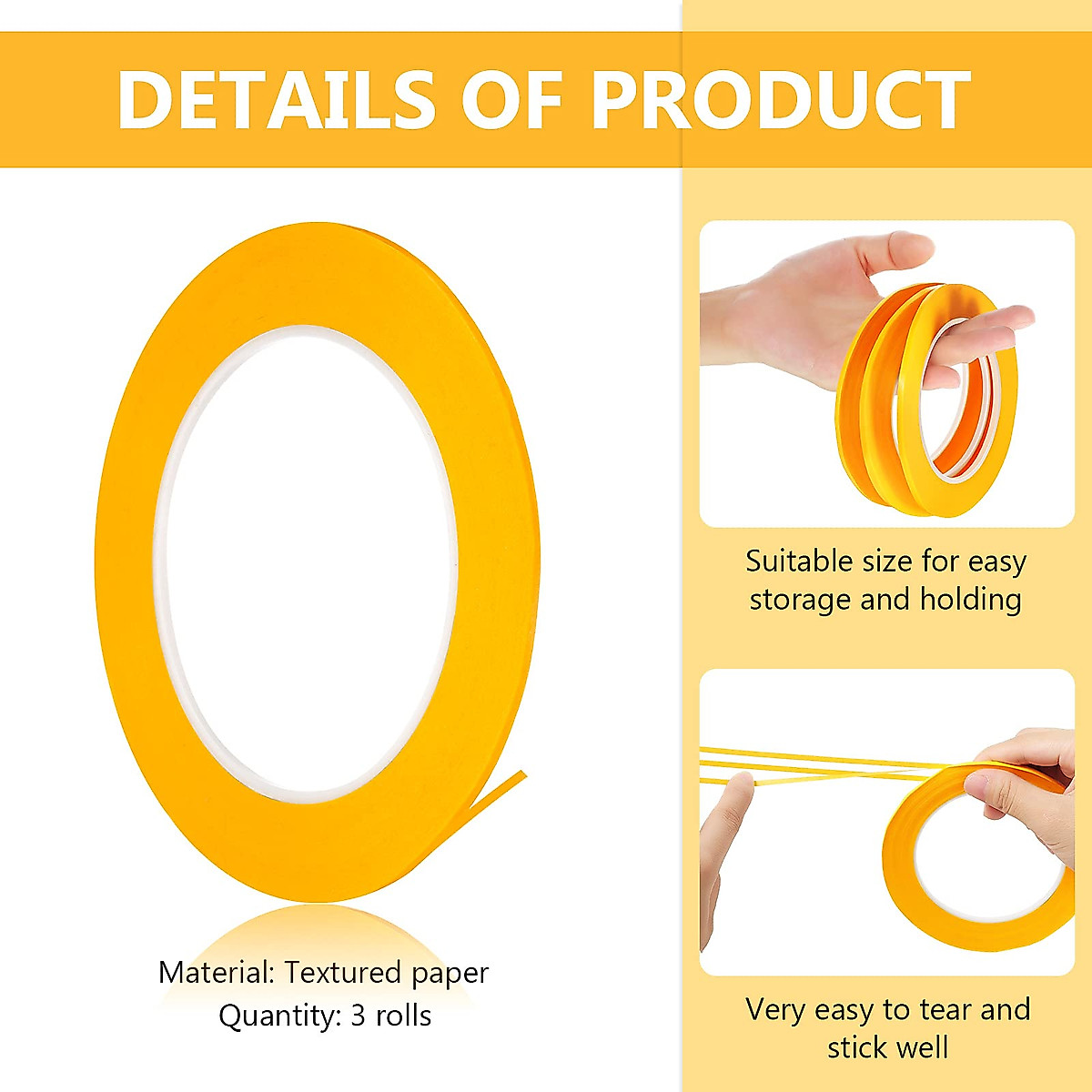 Cornison 3 Rolls Pinstripe Tape Thin Tape Masking Tape Automotive for DIY Car Auto Paint (Yellow,1/16 Inch x 60 Yard)