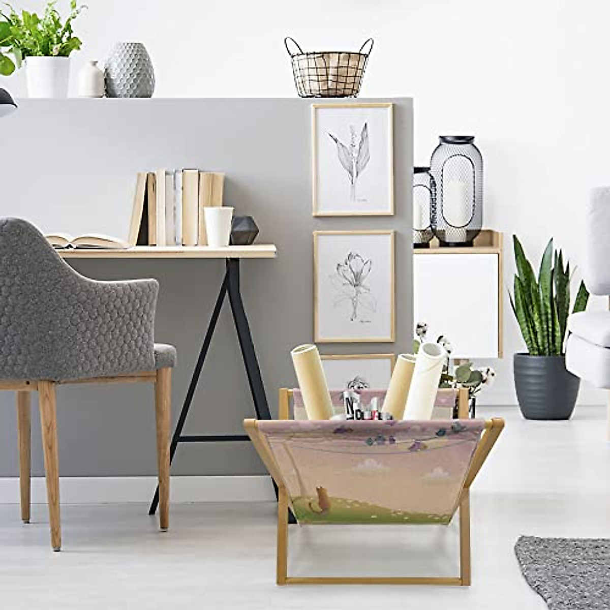 Lunarable Birds Magazine and Book Holder, Cat Looking to Birds Sitting on Electric Wires Fandom Community Art Print Home, Floor Rack Organizer for Office Home and School, 22"x19", Multicolor