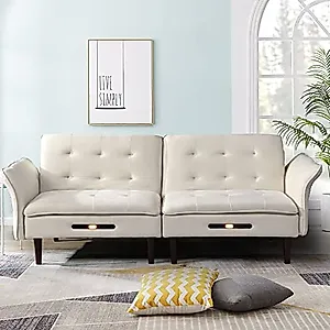 MIYZEAL Convertible Sleeper Sofa with Charging Ports, Velvet Tufted Upholstered Futon Sofa Bed with Adjustable Backrest & Armrest, Modern Loveseat Couch for Living Room Apartment Office (Beige)