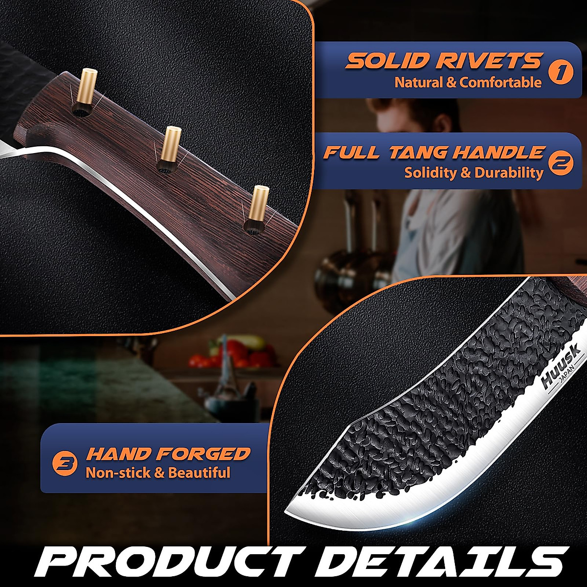 Huusk Meat Cleaver Knife Japanese Butcher Knife for Meat Cutting Vegetable Cleavers with Ergonomic Handle Chopping Knives for Kitchen Hand Forged Meat Knife Kitchen Chef Knives for Home Outdoor BBQ