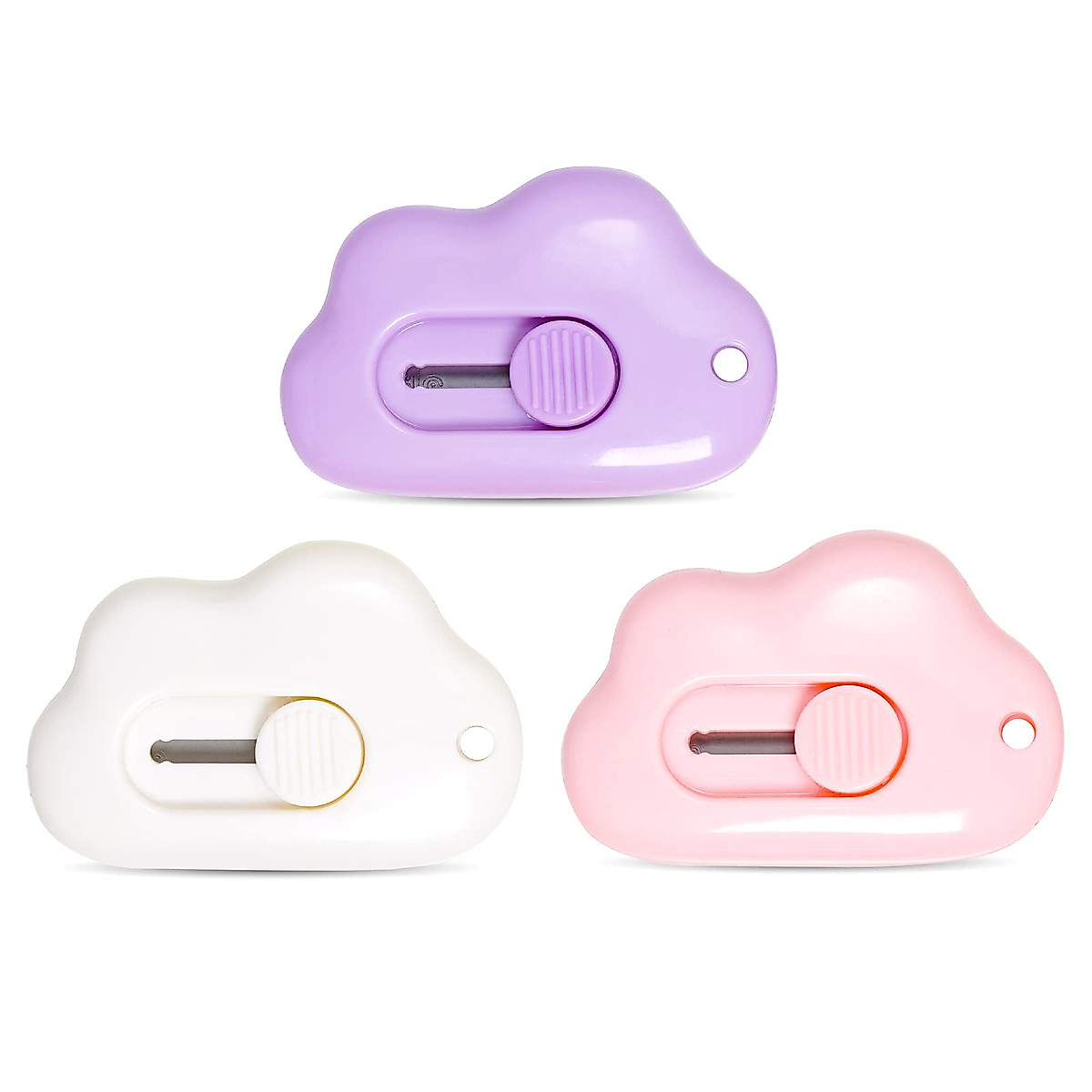 Fengek 3 Pcs Mini Retractable Utility Knife Cloud Pocket Box Cutters Plastic Letter Opener Slide Open with Keychain Hole for Box Letter Envelope, Cloud Shape (Multicolor A)