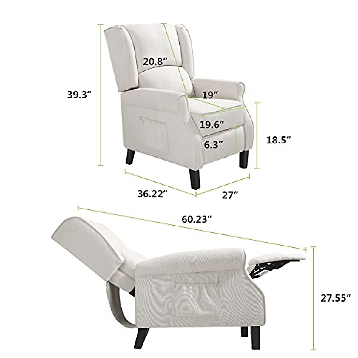 RYONGII Wingback Recliner Chair with Heating and Massage Tufted Fabric Recliner Sofa Furniture,Thick Seat Cushion and Backrest Modern Living Room and Bedroom (Ivory)