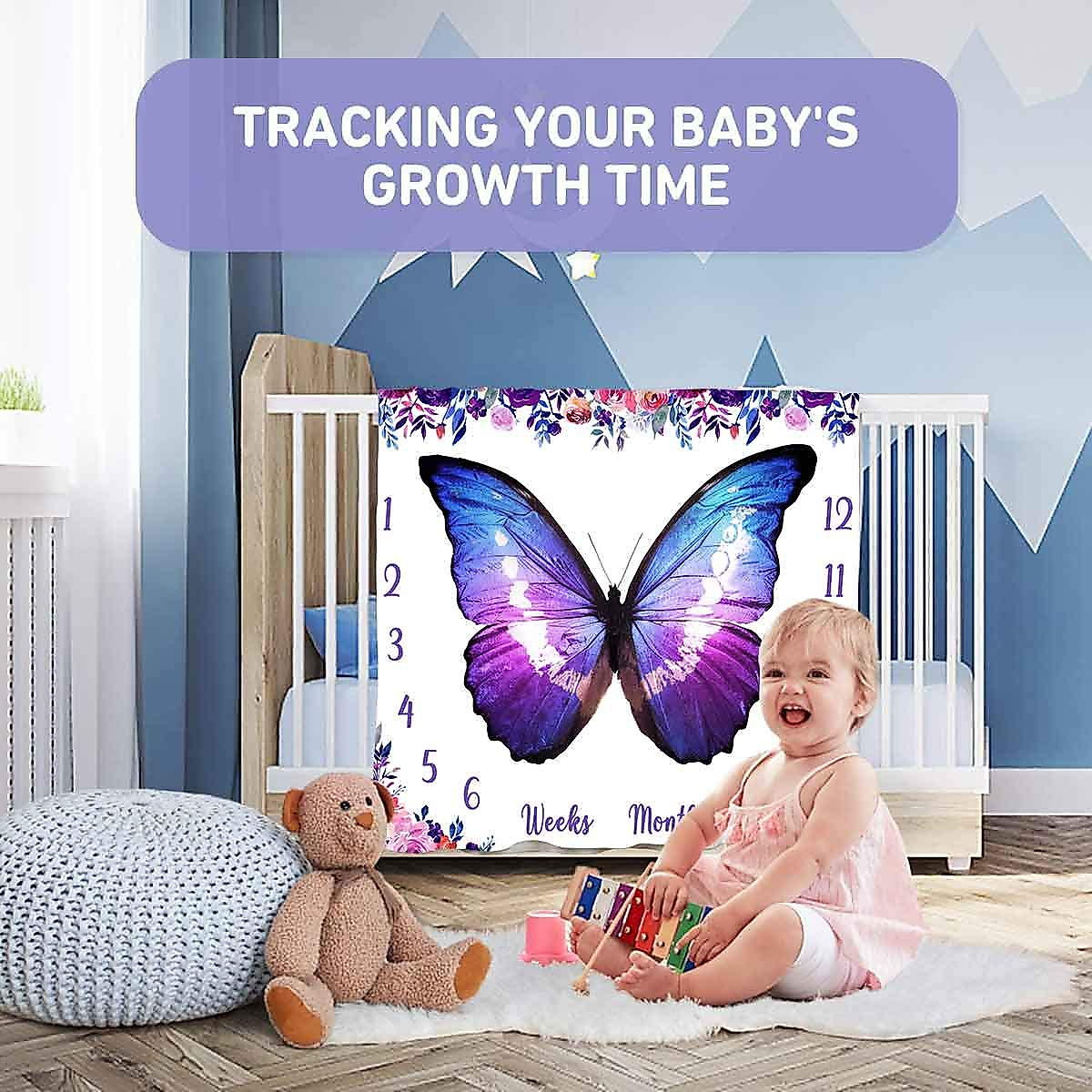 PHMOJEN Baby Monthly Milestone Blanket, Colorful Butterfly Wings Flowers Blanket for Nursery, Girl 1-12 Months, Includes 4 Frame and 1 Headband 40"x40" BTLSPH432