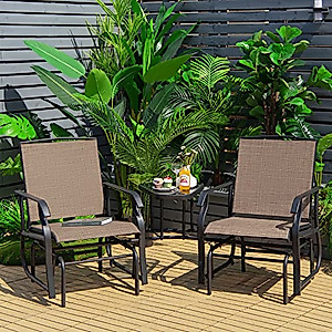 Giantex Outdoor Glider Chairs with Table & Umbrella Hole, Patio 2-Seat Rocking Chair Outside Loveseat Swing w/ Breathable Fabric for Garden, Backyard, Poolside, Lawn Metal Glider Bench(Brown)