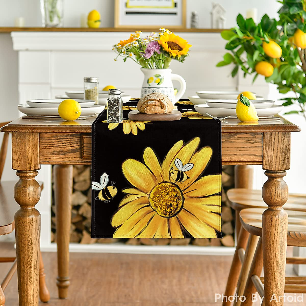 Artoid Mode Bee Sunflower Table Runner Black, Seasonal Spring Summer Flowers Holiday Kitchen Dining Table Decoration for Home Party Decor 13 x 72 Inch