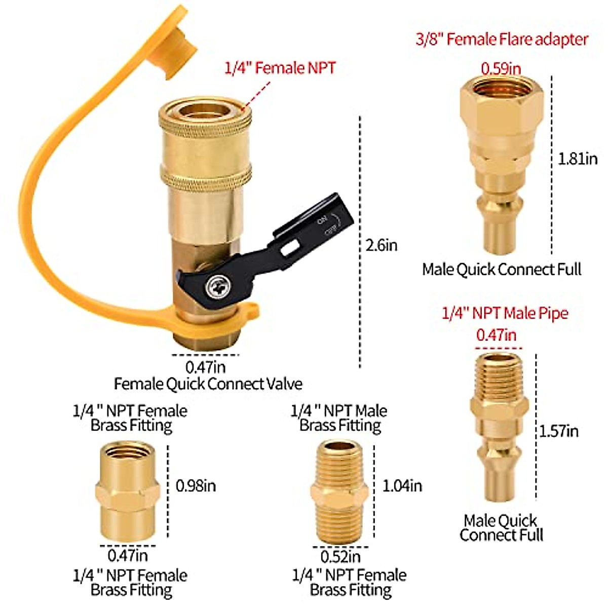 Propane Quick Connect Fittings, 7pcs/14pcs 1/4" RV Propane Quick Connect Fittings Adapter with 3/8" Flare x 1/4" NPT Male Pipe Half-Union Fitting 1/4" Male NPT 1/4" Female NPT