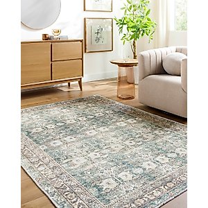 Mark&Day Washable Rugs, 9x12 Marqus Traditional Emerald/Light Silver Area Rug, Green Grey Cream Carpet for Living Room, Bedroom or Kitchen (8'10" x 12', Machine Washable)