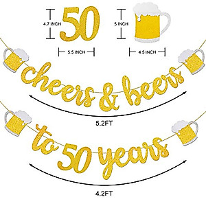 50th Birthday Decorations for Men/Women - 50th Birthday Gifts - Cheers & Beers to 50 Years Gold Glitter Banner - 50th Anniversary Decorations for Party, 50th Wedding Party Supplies for Couple