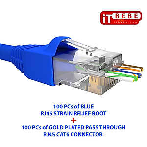 TBEBE 100 Sets of RJ45 Cat6 Pass-Through Connectors for 24 AWG Cables - 100 Pieces Cat6 Connectors Ends and 100 Pcs RJ45 Connectors Blue Strain Relief Boots for Clean, snag-Free ethernet Patch Cord