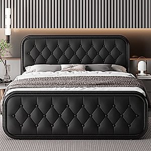 Feonase Full Size Curved Metal Platform Bed Frame with Faux Leather Headboard, Heavy Duty Bed Frame with Rhombus Button Tufted Footboard, 1000 lbs Weight Capacity, Noise-Free, Easy Assembly, Black