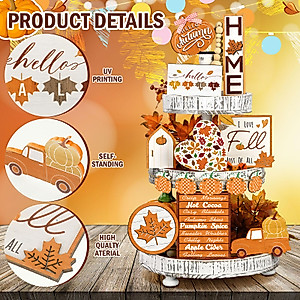 Amyhill 15 Pcs Thanksgiving Tiered Tray Decor Set Fall Tiered Tray Decor Rustic Pumpkin Maple Leaf Truck Table Centerpieces Harvest Wood Blocks Signs for Home Fall Decorations