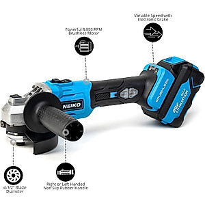 NEIKO 10881A Cordless Angle Grinder, 4 1/2-Inch Grinder with Variable Speed, 20V 4.0A Li-ion Rechargeable Battery, Powerful 8,000 rpm Brushless Motor, Grinders Power Tools, Cordless Grinder Tool