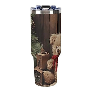 40 Oz Vacuum Tumbler with Deep Blue Handle Leakproof Insulated Tumbler Xmas Tree Branch Bear Doll Stainless Steel Travel Mug with Lid And Straw Coffee Cup Cute Water Bottles Cup Holder Friendly