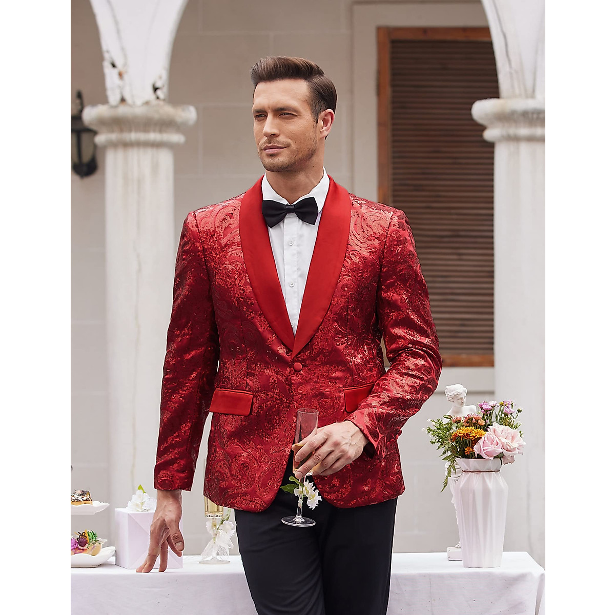COOFANDY Red Sequin Blazer Men Shiny Christmas Floral Tux Dinner Jackets Stage Blazers Christmas Prom Party Red, S