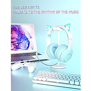 VuyKoo Bluetooth Headphones with Microphone/RGB LED Light Up, Cat Ear Wireless Headphones, Stereo Gaming Headset for Cellphone/PC/Laptop/Tablet/TV Kids Girls & Boys Teens/Birthday Gift (Green)