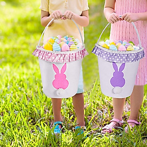 Easter Bunny Basket Eggs Bags 2 Pack with Fluffy Tail Pink Purple Canvas Cotton Rabbit Personalized Handbag Toys Bucket Tote Bag Storage Gifts Candies for Kids Girls with Handles (Pink + Purple)