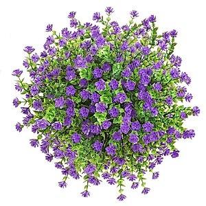 Momkids 4 Pcs Sprlng Artifical Flower & Plant Outdoor Uv Resistant Faux Plastic Floral Fake Greenery Shrubs Hanging Plant Planter for Home Garden Window Box Balcony Porch Decoration (Purple)