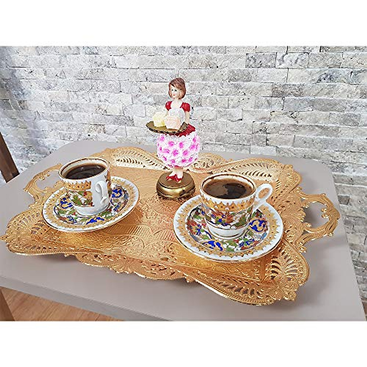 Gold Decorative Turkish Ottoman Tea Coffee Serving Tray with Handles Rectangle for Bar Outdoor Dresser Cups Moroccan Kitchen Perfume Table Party Wedding Vanity Bathroom Counter Candle