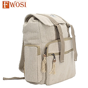 Fwosi Handmade Beige Laptop Backpack - Pure Hemp Bookbag for School, Day Hiking & Travel - Lightweight, Multi-Pocket, 5 Compartments for Books, Purse, Wallet, Everyday Accessories - Crafts from Nepal