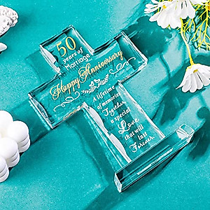 YWHL 50th Wedding Anniversary Religious Gifts for Parents, Laser Engraved Glass Standing Cross Keepsake for Couple, 50 Years of Marriage Cross Present