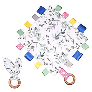 Baby Security Blanket with Tags Soft Ribbon Tag Blanket Comfort Lovey Taggy Blanket Cute Newborn Appease Towel with Bunny Ear Ring