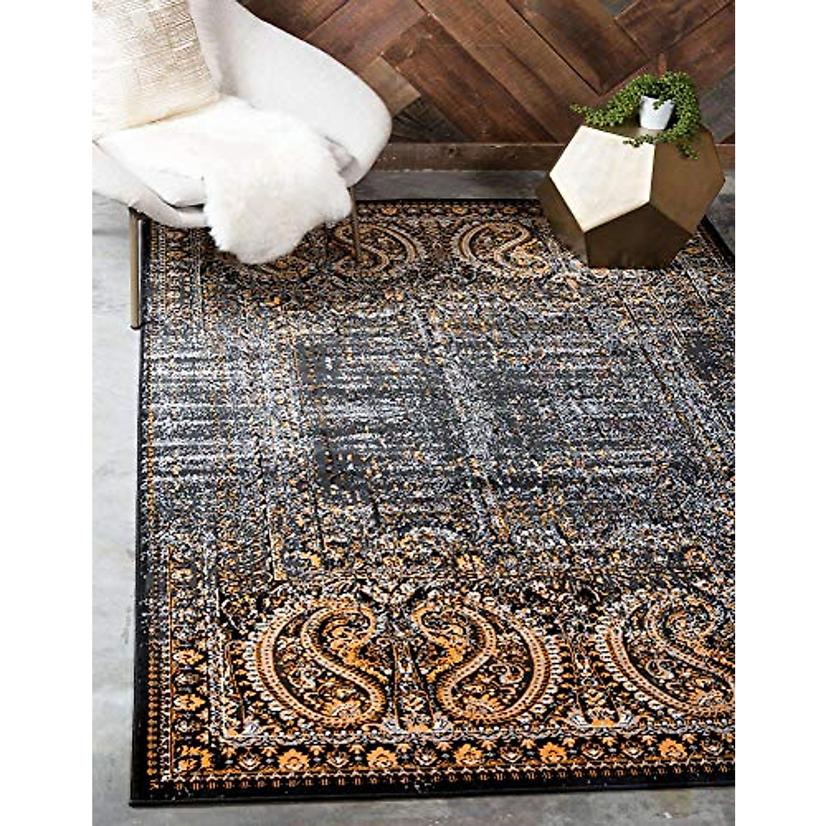 Unique Loom Imperial Collection Paisley, Distressed, Border, Vintage, Modern, Abstract Area Rug, 2 x 3 ft, Black/Orange