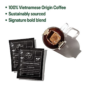 Copper Cow Coffee Premium Vietnamese Coffee: Single-Serve Classic Black Pour Over Coffees, Specialty, Ground, Woman-Owned, Gourmet, Travel, Camping, On-the-Go (includes: 16 classic coffees)