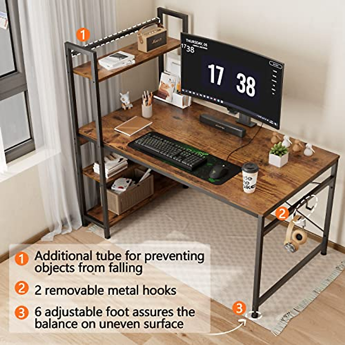Engriy Computer Desk with 4 Tier Shelves for Home Office, 47" Writing Study Table with Bookshelf and 2 Hooks, Multipurpose Industrial Wood Desk Workstation with Metal Frame for PC Laptop, Rustic Brown