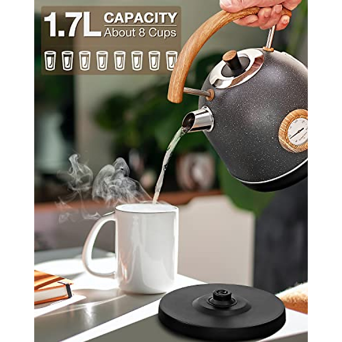 Electric Kettle - 1.7L Retro Tea Kettles for Boiling Water, Nature Stone Finish SMOLON Hot Water Boiler Teapot with Wood Pattern Handle, Food Grade Stainless Steel, Temperature Control, Auto Shut-off