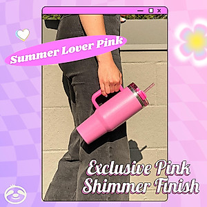 40 oz Tumbler with Handle and Straw | Insulated Cup Reusable Water Bottle Stainless Steel | Cupholder Friendly Travel Mug | Double Insulated Pink Water Bottle Tumbler | 40 oz Pink Tumbler