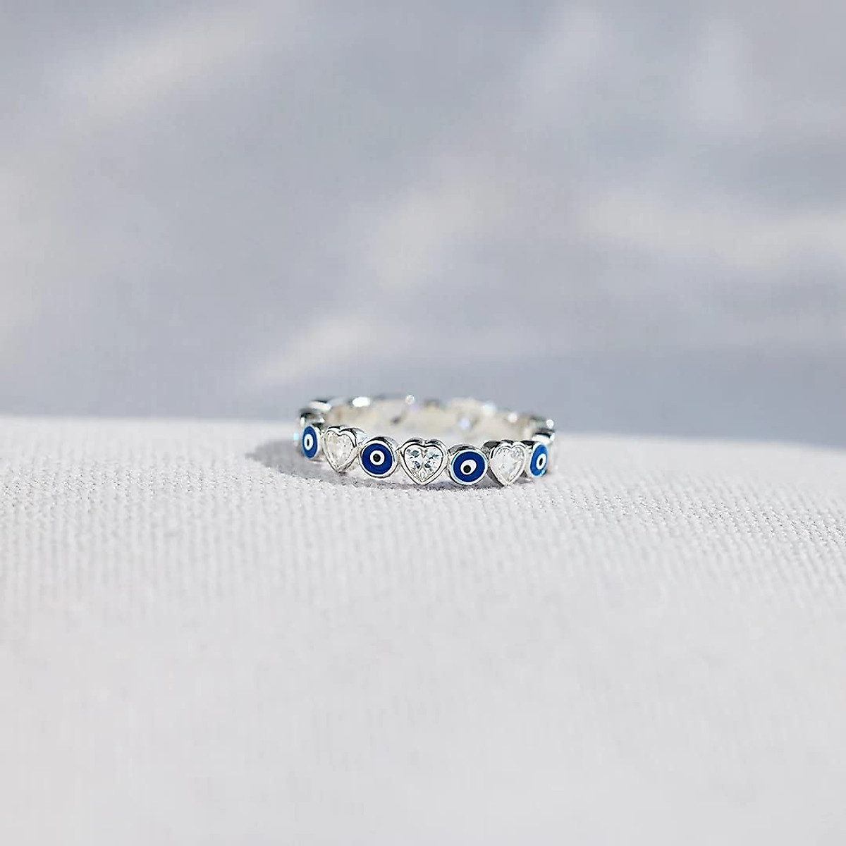 Koufeil Always Protected Heart&Evil Eye Ring Band, 925 Sterling Silver Evil Eye Rings for Women, Minimalist Blue Evil Eyes Ring Lucky Jewelry Gifts (8)