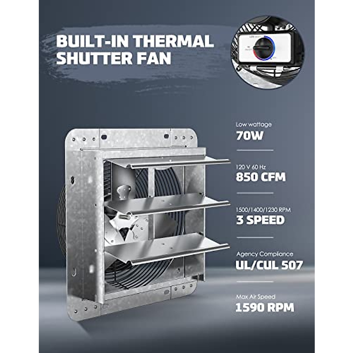 iLIVING 14" Wall Mounted Shutter Exhaust Thermostat Control-3 Speeds Vent Fan For Home Attic, Shed, or Garage Ventilation, 850 CFM, 1300 SQF Coverage Area, Variable, Silver