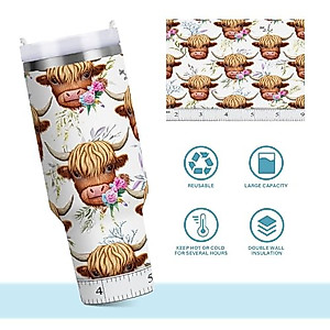 RPLIFE Cute Highland Cow Stainless Steel Coffee Tumbler, Insulated Cup with Straw, Tumbler for Men