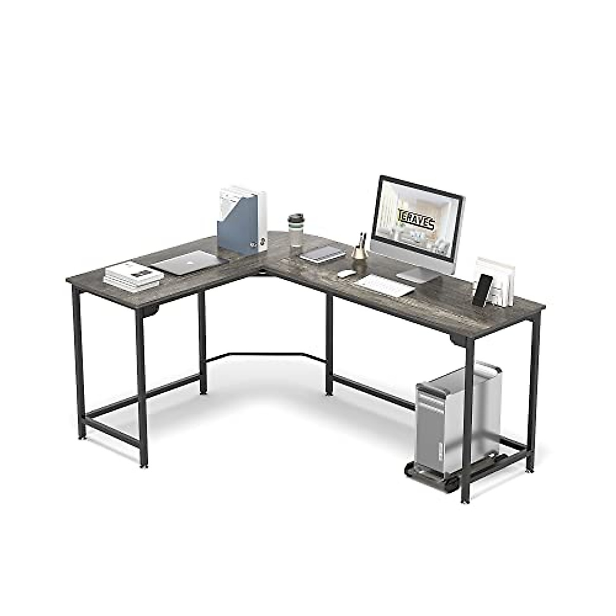 Teraves Modern L-Shaped Desk 66'' Corner Computer Desk Home Office Study Workstation Wood & Steel PC Laptop Gaming Table (Large, Black Oak)