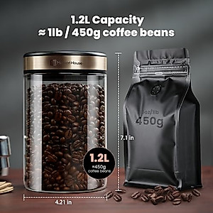 Maestri House Vacuum Coffee Canister Pro, AirTight Coffee Containers, Vacuum Glass Coffee Jar with Coffee Spoon, 40 fl OZ/1.2L Professional Coffee Storage Container for Barista, Gifts (Golden)